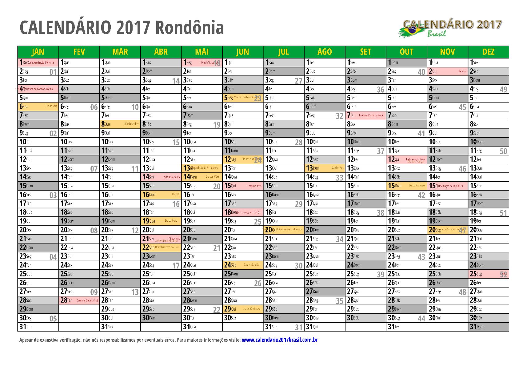 CALENDÁRIO 2017 para IMPRIMIR com feriados