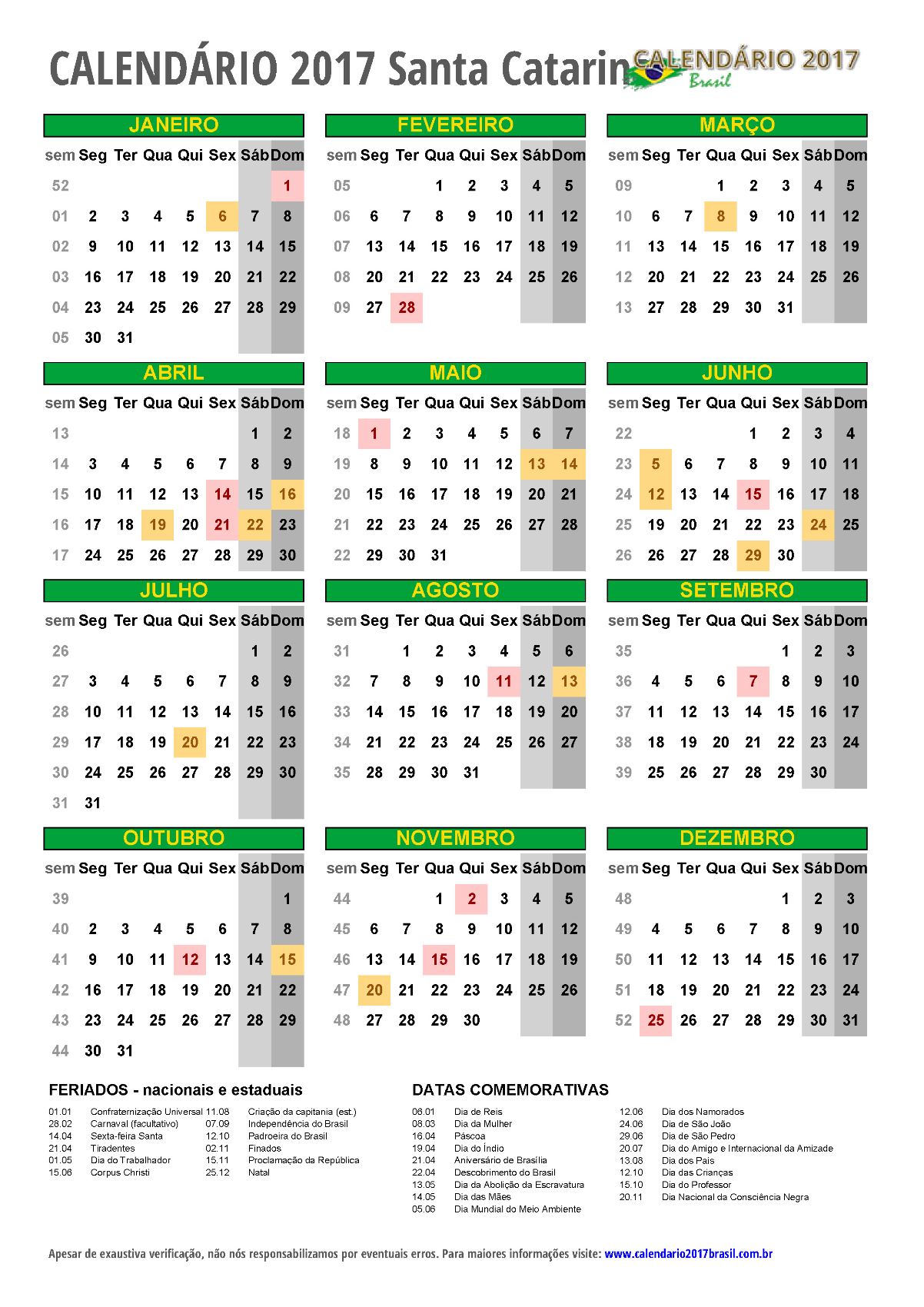 CALENDÁRIO 2017 para IMPRIMIR com feriados