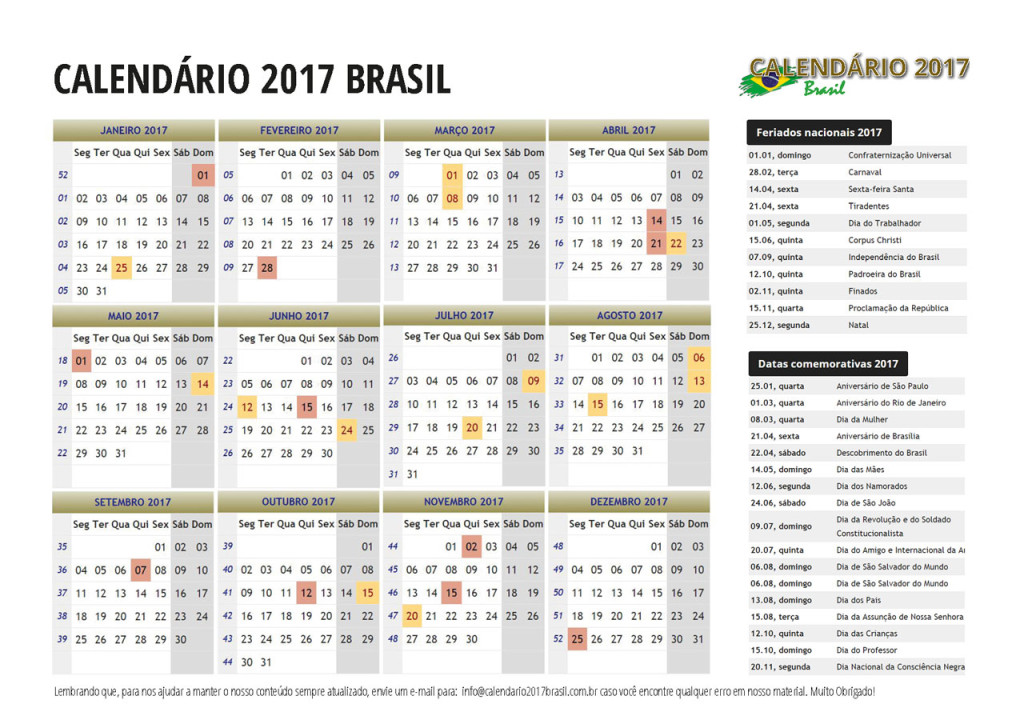 CALENDÁRIO 2017 com feriados - todos os estados